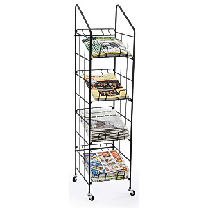 Displays2go Portable Newspaper and Magazine Rack, 4 Angled Shelves, Locking Caster Wheels (Black Steel)