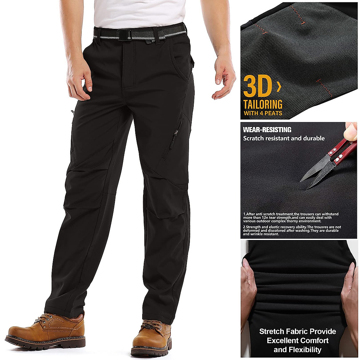 Jessie Kidden Mens Waterproof Hiking Pants, Outdoor Snow Ski Fishing Fleece Lined Insulated Soft Shell Winter Pants (6070 Black, 38)