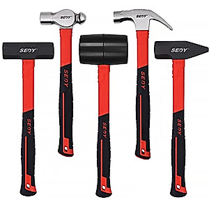 SEDY 5-Piece Hammer Set - 24oz Ball Pein Hammer | 22oz Claw Hammer | 32oz Rubber Mallet | 3lb Sledge Hammer | 3lb Cross Pein Hammer