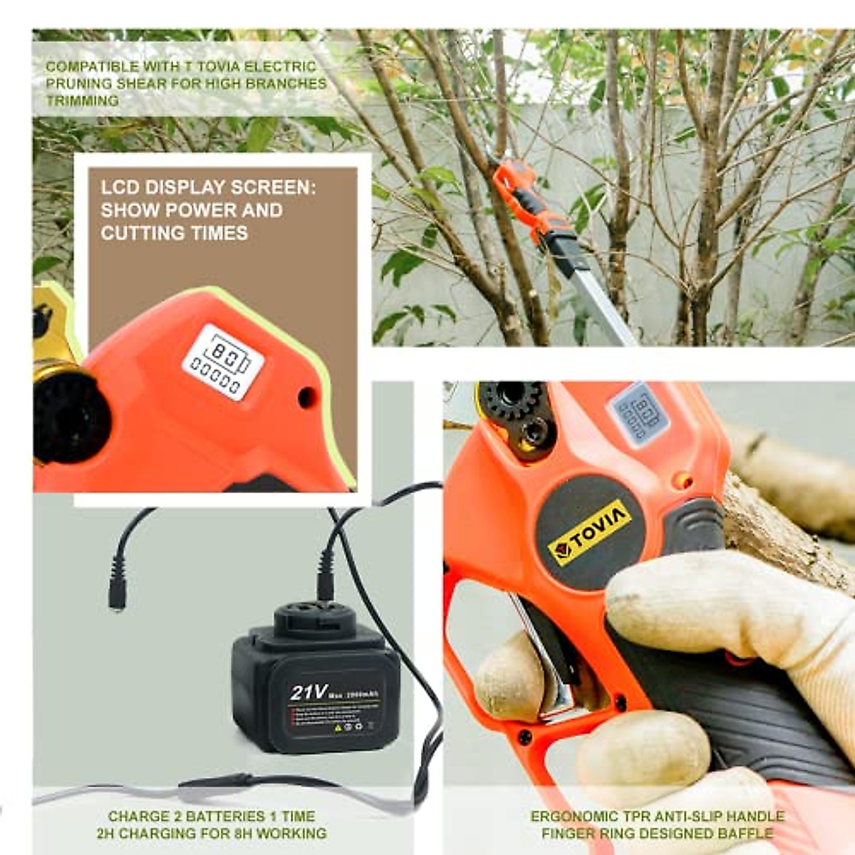 Cordless Pruning Shears, Electric Pruner with 7.5 Foot High Reach Extension Pole, 21V Lithium Battery, Titanium Plated SK5 Blades, 1.2 Inch Cutting Diameter, LCD Display Screen