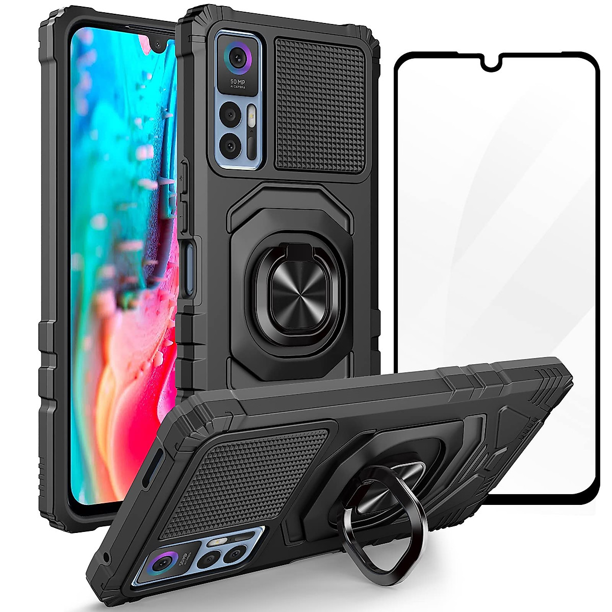 Ailiber for TCL 30 5G Case, TCL 30 Pro Case with Screen Protector, Ring Kickstand for Magnetic Car Mount Military Grade, Heavy Duty Shockproof Protective Phone Cover for TCL 30 5G/TCL 30+-Black