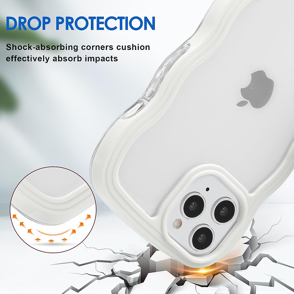 Anuck for iPhone 11 Pro Max Case Wavy Edge Clear Back Design, Anti-Slip Grip Cute Wave Curly Frame Shape Shockproof Soft TPU & Hard Bumper Protective Phone Case Cover for Women Girls, White