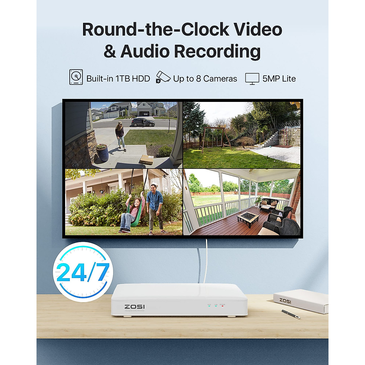 ZOSI H.265+ 3K Lite 8 Channel Security DVR Recorder with 1TB HDD,8CH Hybrid 4-in-1 CCTV DVR for 960H 720P 1080P Home Surveillance Camera System,Person Vehicle Detection,Remote Access,24/7 Recording