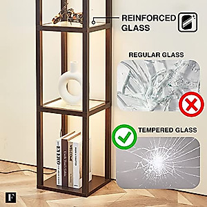FENLO Fantasy 66" Luxury Glass Display Shelf with Dimmable LED Floor Lamps, Sturdy Glass Shelves for Bedroom, Curio Cabinet with Glass Bookshelf Display Case, Floor Lamp with Shelves - Brown