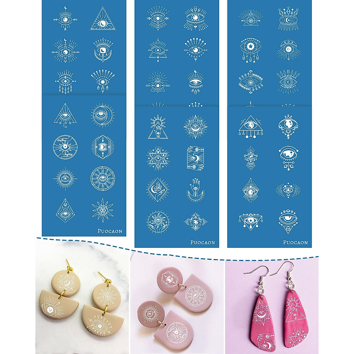 Puocaon Silk Screen Stencils for Polymer Clay, 6 Pcs Boho Evil Eye Silk Screen for Polymer Clay Jewelry, Mysterious Polymer Clay Tools for Jewelry Making, Unique Polymer Jewelry Making Supplies
