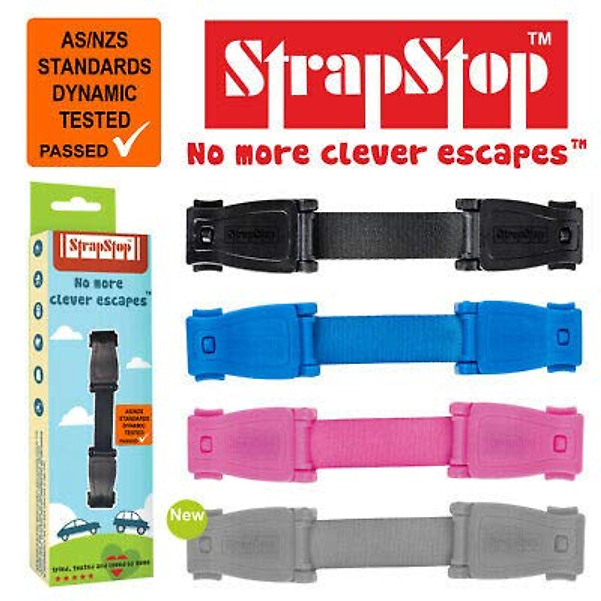 STRAP STOP Anti Escape Car Seat Strap — UK Made, Crash Tested, ECE R44-04 & R129 Passed Buckle up Houdini Straps for Car Seat — Multi-use & Impossible to Unlock (1 x Car Seat Safety Clip) - 4 Colors