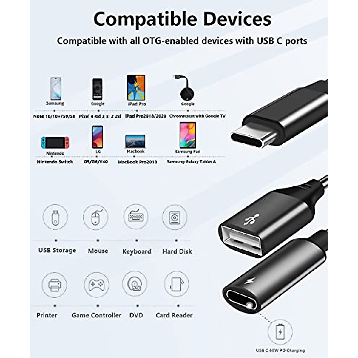 USB C to USB Adapter with Type C Charging, 2 in 1 Type C 3.0 OTG Splitter with 60W PD Fast Charge Compatible for Galaxy S23 S22 S21 S20 S20+ Note 20/10,Switch,LG V40 V30 G8, Pixel4 XL,Google TV 2020