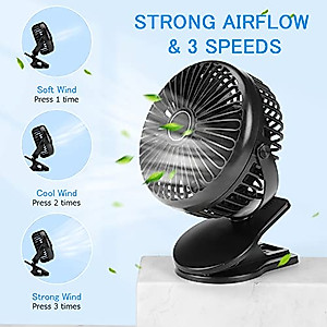 Clip Fan 5000mAh Rechargeable Battery Mini Fan with Clip on Fan Sturdy Clamp 3 Speeds Portable Tent Camping Fan Handheld Small Desk Desktop Table Fan for Travel Outdoor/Indoor Treadmill (Black)