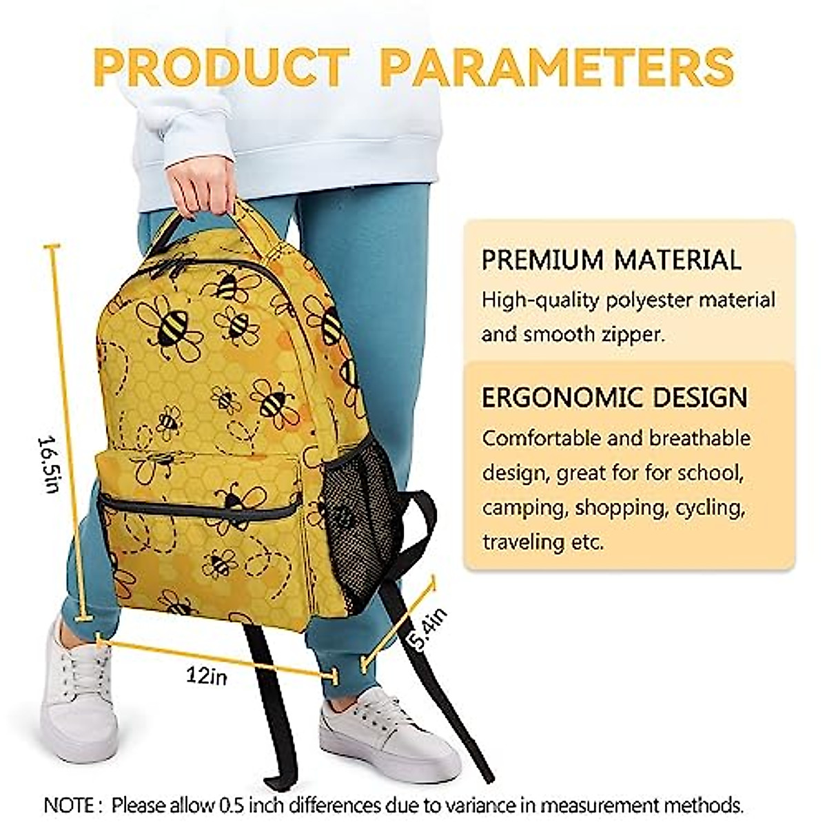 CUSPCOD Bee Backpack for Girls Boys, 16 Inch Yellow Backpacks for School, Cute, Adjustable Straps, Durable, Lightweight, Large Capacity Bookbag for Kids