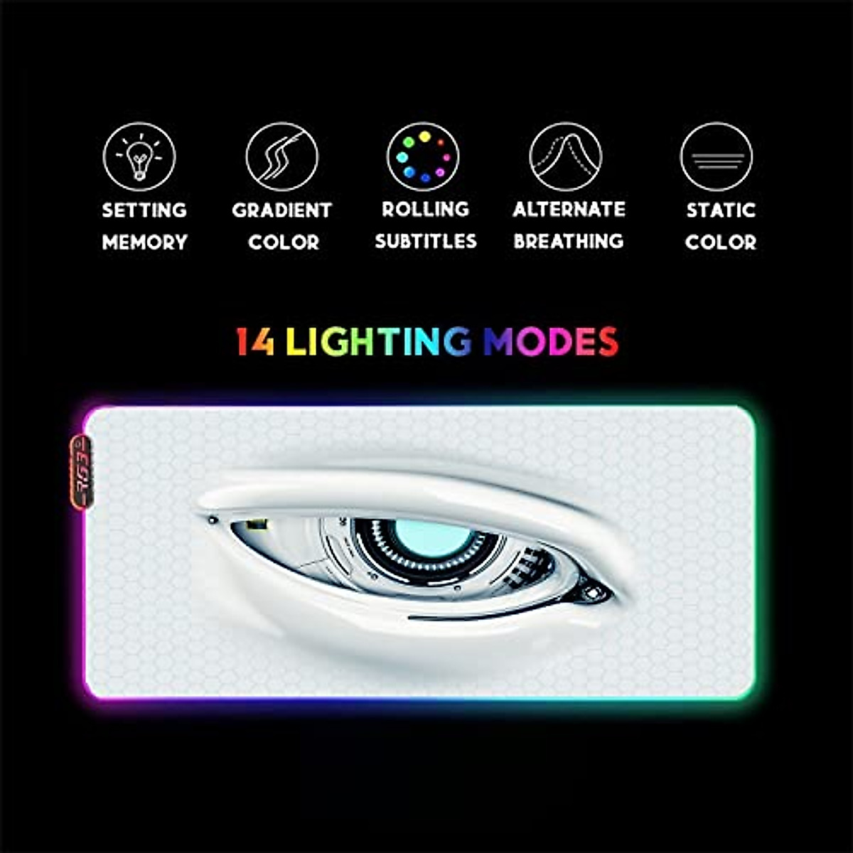 Gaming Mouse Pads Hexagon Shaped White RGB Gaming Mouse Pad Abstract Eyes Large Led Desk Mouse Mat Locking Edge Extended Keyboard Pad with Rubber Base 30X60Cm