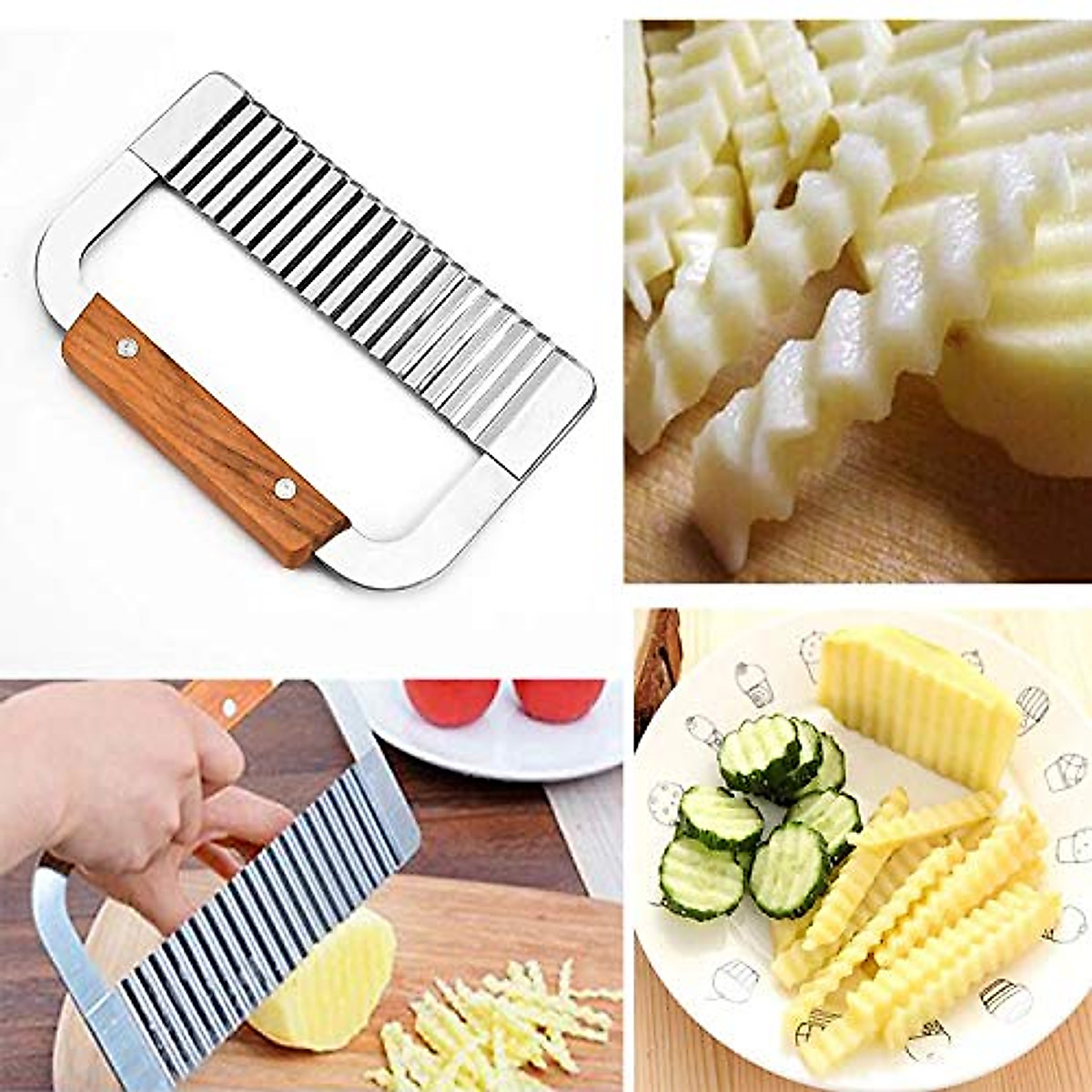Super Leader Crinkle Cutting Tool French Fry Slicer Stainless Steel Blade Wooden Handle Vegetable Salad Chopping Knife for chopping veggies, cutting fruit, potato, soap, waffle fries, pickle (Arc) (1)