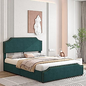 bzbbzc Queen Size Velvet Upholstered Platform Bed Frame with 4 Storage Drawers and Headboard, Rivet Curved Adjustable Headboard/Strong Wooden Slats/Easy Assembly/Green