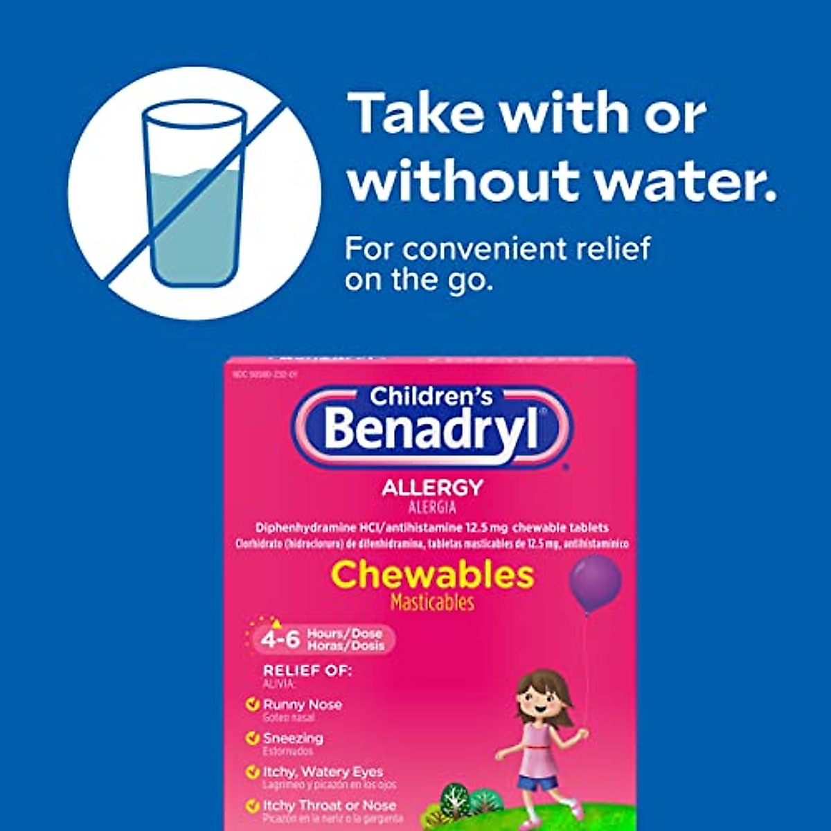 Benadryl Children's Allergy Chewables with Diphenhydramine HCl, Antihistamine Chewable Tablets in Grape Flavor, Three Pack, 3 x 20 ct Each, 60 ct