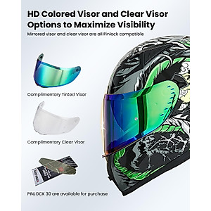 ILM Motorcycle Helmet Full Face with Pinlock Compatible Clear&Tinted Visors and Fins Street Bike Motocross Casco DOT Model Z501(Legend Green, X-Large)
