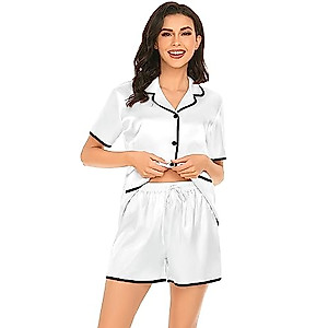 SWOMOG Womens Silk Satin Pajamas Set Two-piece Pj Sets Sleepwear Loungewear Button-Down Pj Sets White