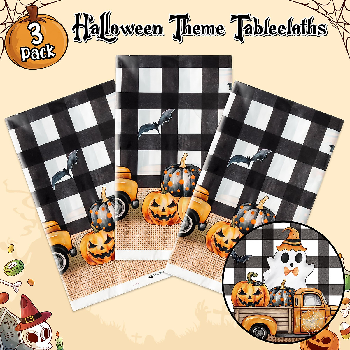 Haooryx 3 Packs Halloween Party Little Boo Tablecloth Decoration Set, Cute Ghost Bat Pumpkin Disposable Plastic Tablecloth, Cartoon Plaid Table Cover for Halloween Table Decor Party Supplies