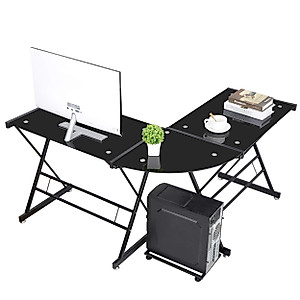 SUPER DEAL Modern L-Shaped Corner Desk - Black Glass Desktop Computer Gaming Table Office Writing Workstation with CPU Stand