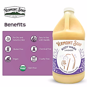 VERMONT SOAP Natural Body Wash with Shea Butter, Mild Gel Body Wash for Moisturizing and Soothing Skin, Fragrance Free Body Wash for Women & Men (Lavender, 64oz)