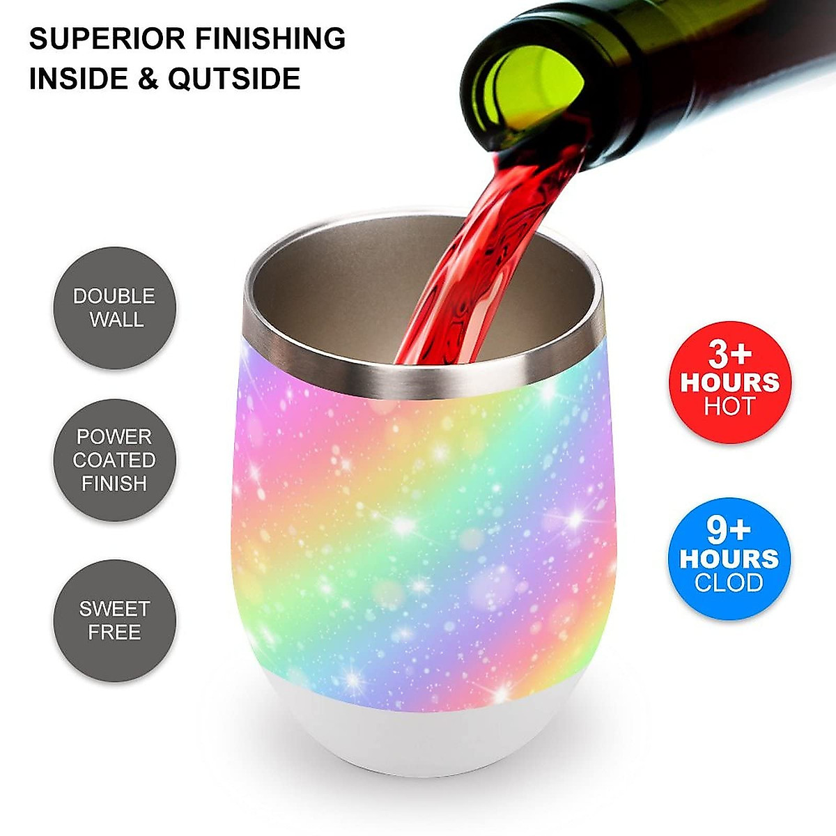 Glitters Rainbow Sky Double Wall Insulated Cup 12 Oz Stainless Steel Stemless Mug with Lids for Coffee Wine Boiled Water