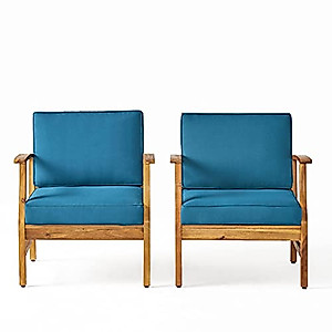 Christopher Knight Home Perla Outdoor Acacia Wood Club Chairs with Water Resistant Cushions, 2-Pcs Set, Teak Finish / Blue