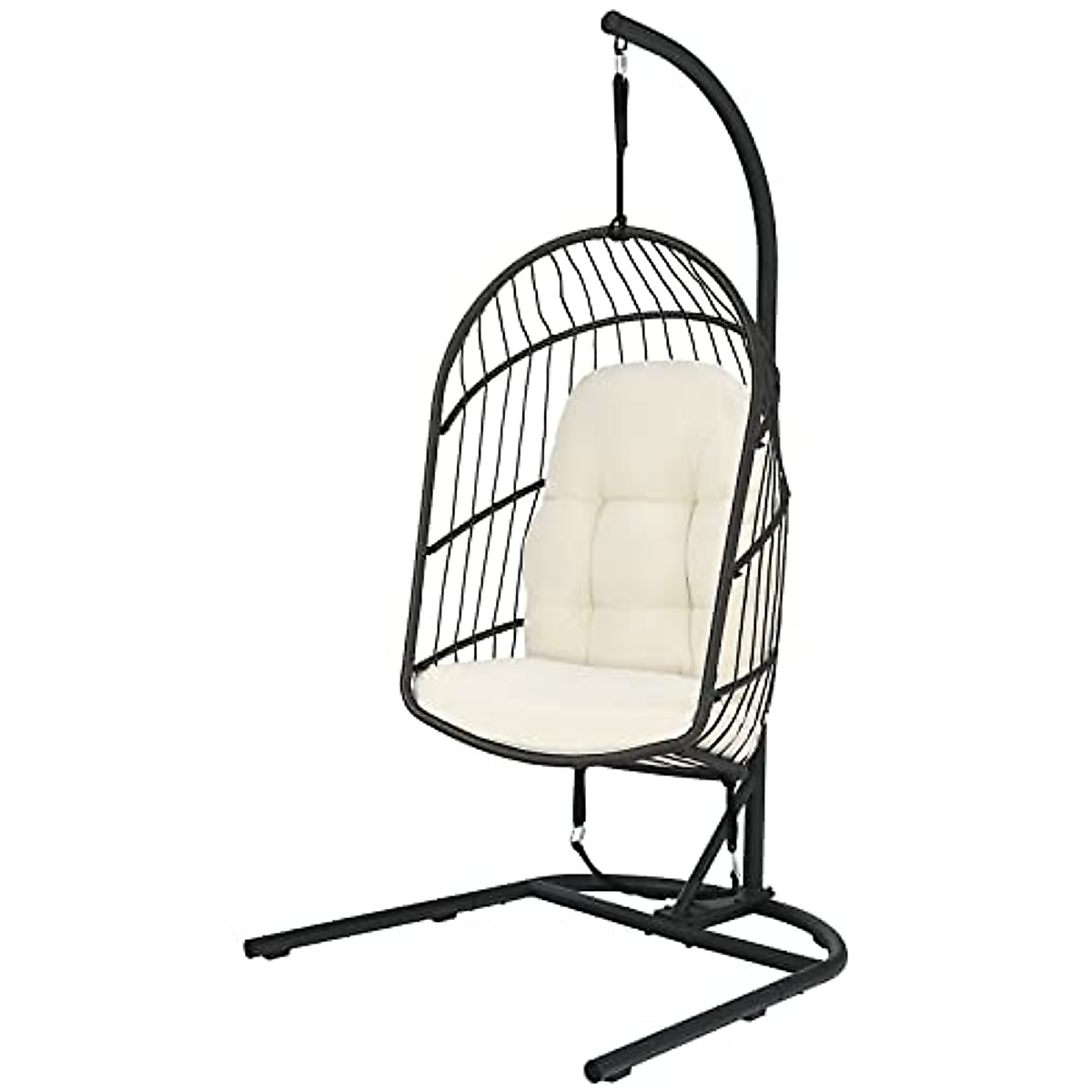 WYKDD Hanging Wicker Egg Chair w/Stand Cushion Foldable Outdoor Indoor Beige