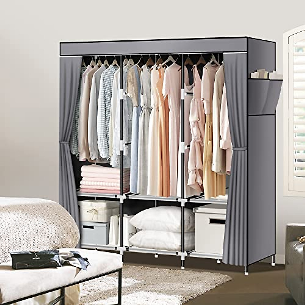 LOKEME 61 Inch Bundle with 55.5 Inch Portable Wardrobe Closet, Closet Oraganizr with 5 Hanging rods, Dust-Proof Cover, Non-Woven Fabric