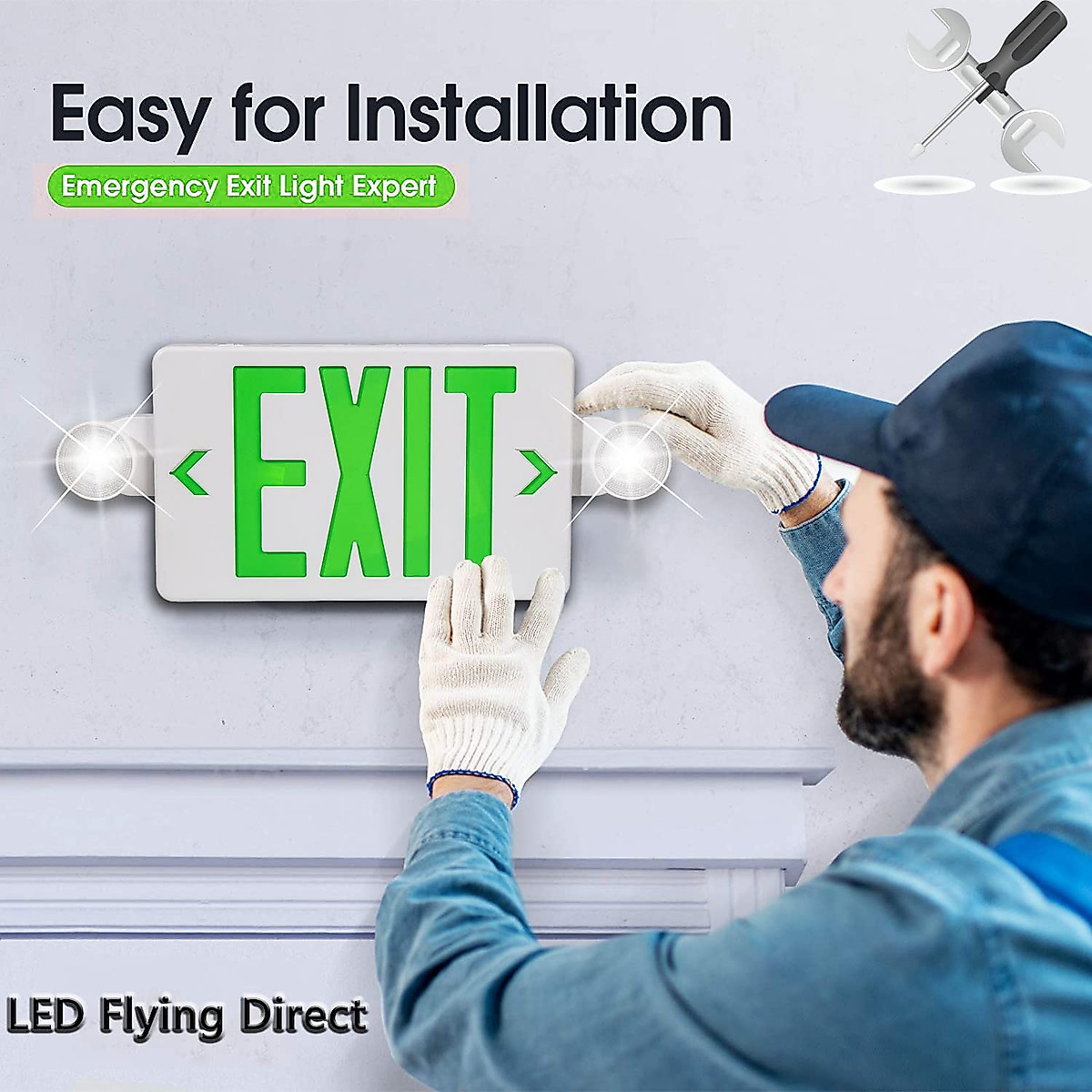 Green LED Exit Sign Emergency Light Combination Adjustable Two Heads and Battery Backup, US Standard Commercial Emergency Exit Lighting, Fire Resistant UL 924 AC 120/277V (4-Pack)