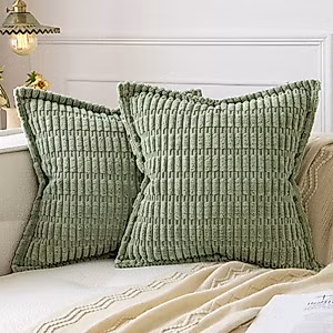MIULEE Sage Green Corduroy Decorative Throw Pillow Covers Pack of 2 Soft Striped Pillows Pillowcases with Broad Edge Modern Boho Home Decor for Couch Sofa Bed 18x18 Inch