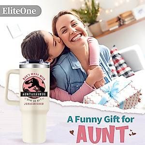 Aunt Tumbler Gift for Aunt For Mothers Day from Niece Aunts Gifts from Nephew - 40oz Beige Funny Tumbler Dinosaur Cup - Unique Birthday Gift Thank You Christmas