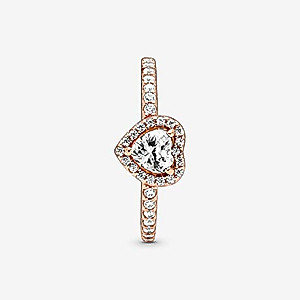 Pandora Sparkling Elevated Heart Ring - Rose Gold Ring for Women - Layering or Stackable Ring - Gift for Her - 14k Rose Gold-Plated Rose with Cubic Zirconia - Size 7.5