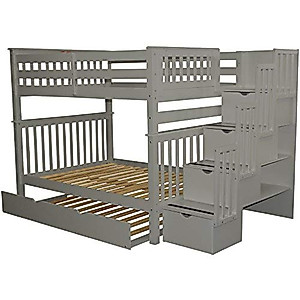 Bedz King Stairway Bunk Beds Full over Full with 4 Drawers in the Steps and a Twin Trundle, Gray