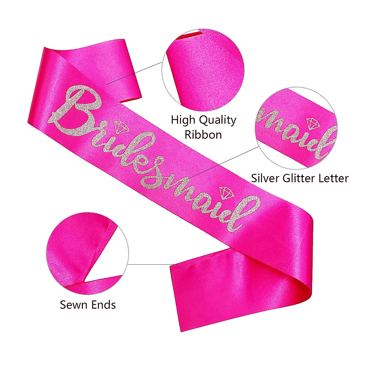Bridesmaid Sashes Set of 6, Hot Pink Sash with Silver Glitter Letter Bachelorette Party Sash for Bridal Shower Wedding Party Accessories Supplies Engagement Gifts