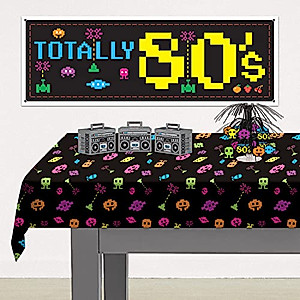 Beistle Plastic Rectangle 80's Table Cover for 1980's Theme Video Game Party Supplies, 54"x108", Black, Yellow, Blue, Orange, Purple