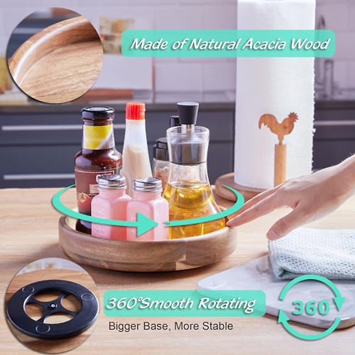 9" Lazy Susan Turntable Organizer for Cabinet, Acacia Wood Lazy Susan for Cabinet Table Pantry Kitchen Countertop Cupboard or Bathroom Organization, Kitchen Turntable Storage Container