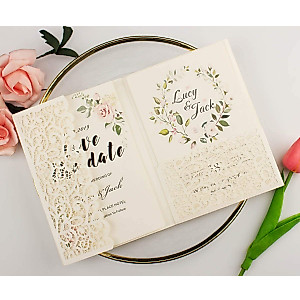 25 sets Vinatge Pearl Ivory Tri Fold Wedding Invitations Cards With Envelopes Inserts for Bridal Shower Birthday 5X7