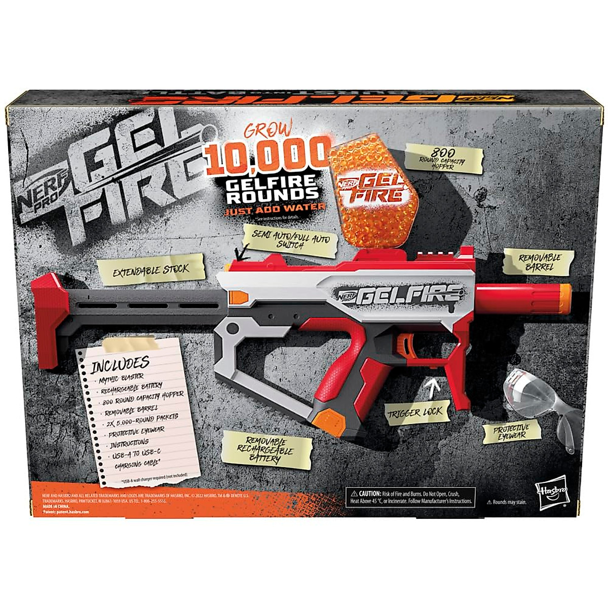 Nerf Pro Gelfire Mythic Full Auto Blaster & 10,000 Gelfire Rounds, 800 Round Hopper, Rechargeable Battery, Eyewear, Ages 14 & Up