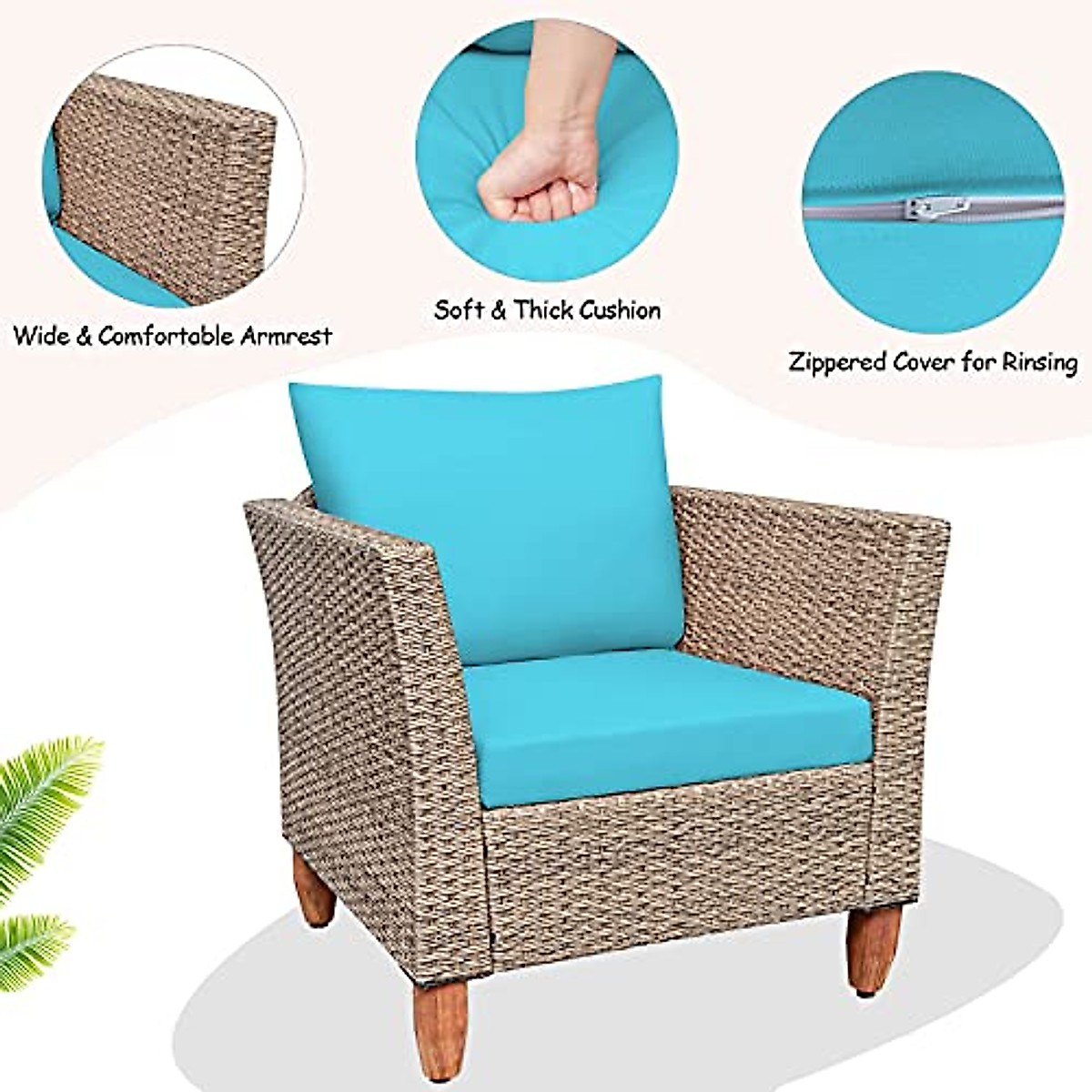 Tangkula 3 Piece Patio Furniture Set, Outdoor Wicker Rattan Bistro Sofa Set w/Washable Cushion, Acacia Wood Top Coffee Table, Conversation Set w/Adjustable Feet for Balcony Backyard Porch (Turquoise)