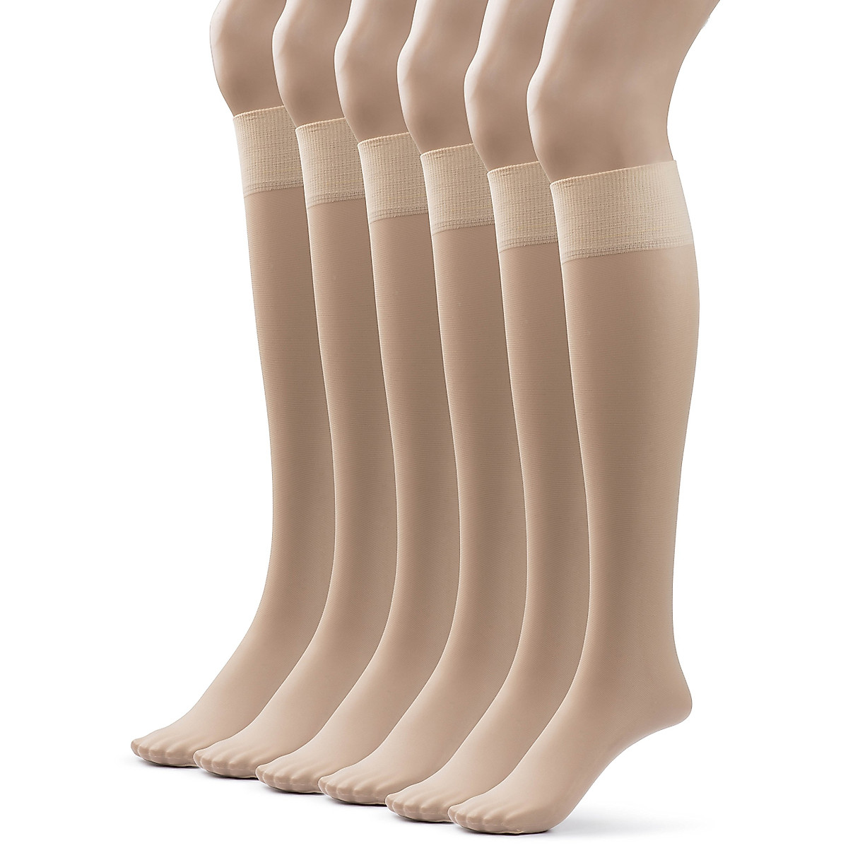 Silky Toes Sheer Knee High Stockings for Women, 6 Pairs Nylon Trouser Socks, Nude, One Size