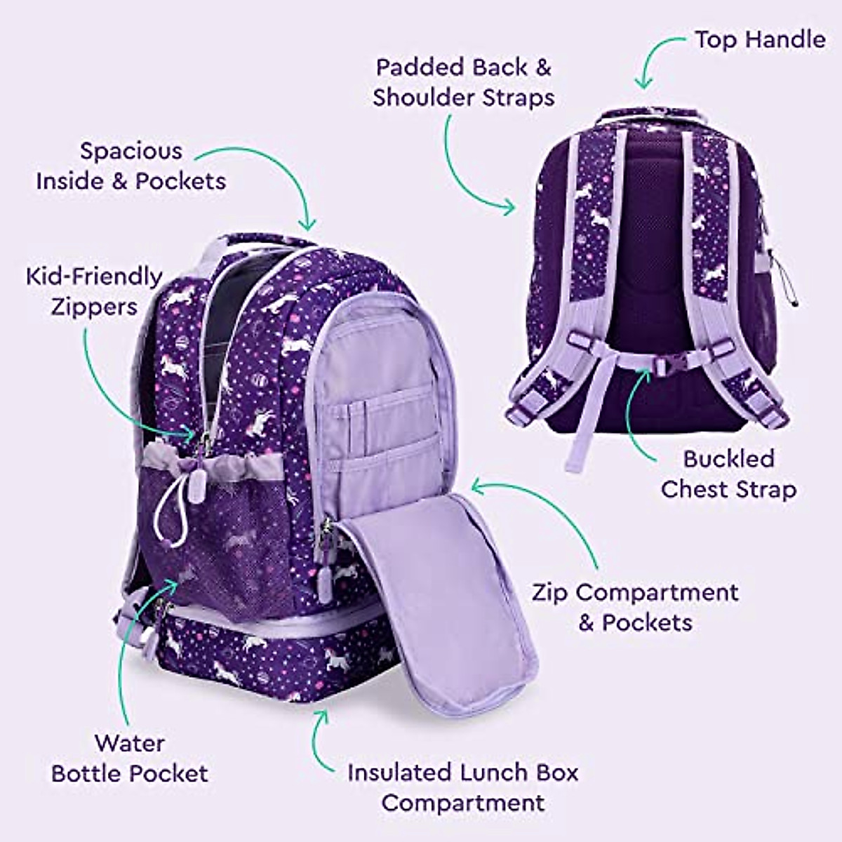 Bentgo® Kids 2-in-1 Backpack & Insulated Lunch Bag - Durable 16” Backpack & Lunch Container in Unique Prints for School & Travel - Water Resistant, Padded & Large Compartments (Unicorn)