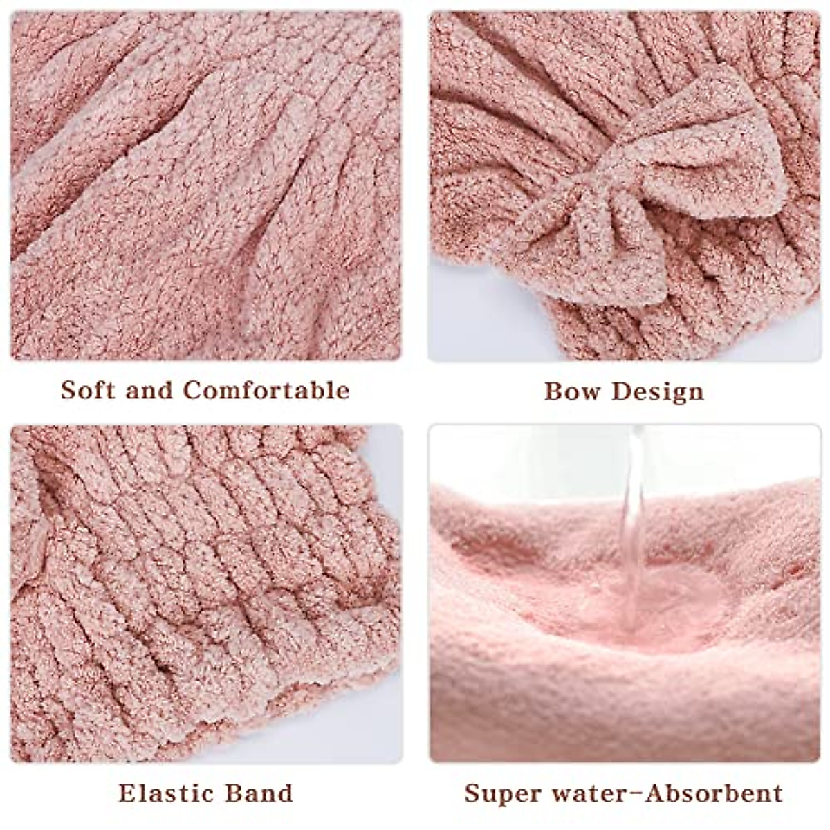 Unaone 2 Pack Microfiber Hair Drying Towels, Super Absorbent Turban Hair Towel Cap, Quick Dry Head wrap with Bow-Knot Shower Cap for for Curly, Long, Thick Hair & Wet Hair (Pink & Brown)