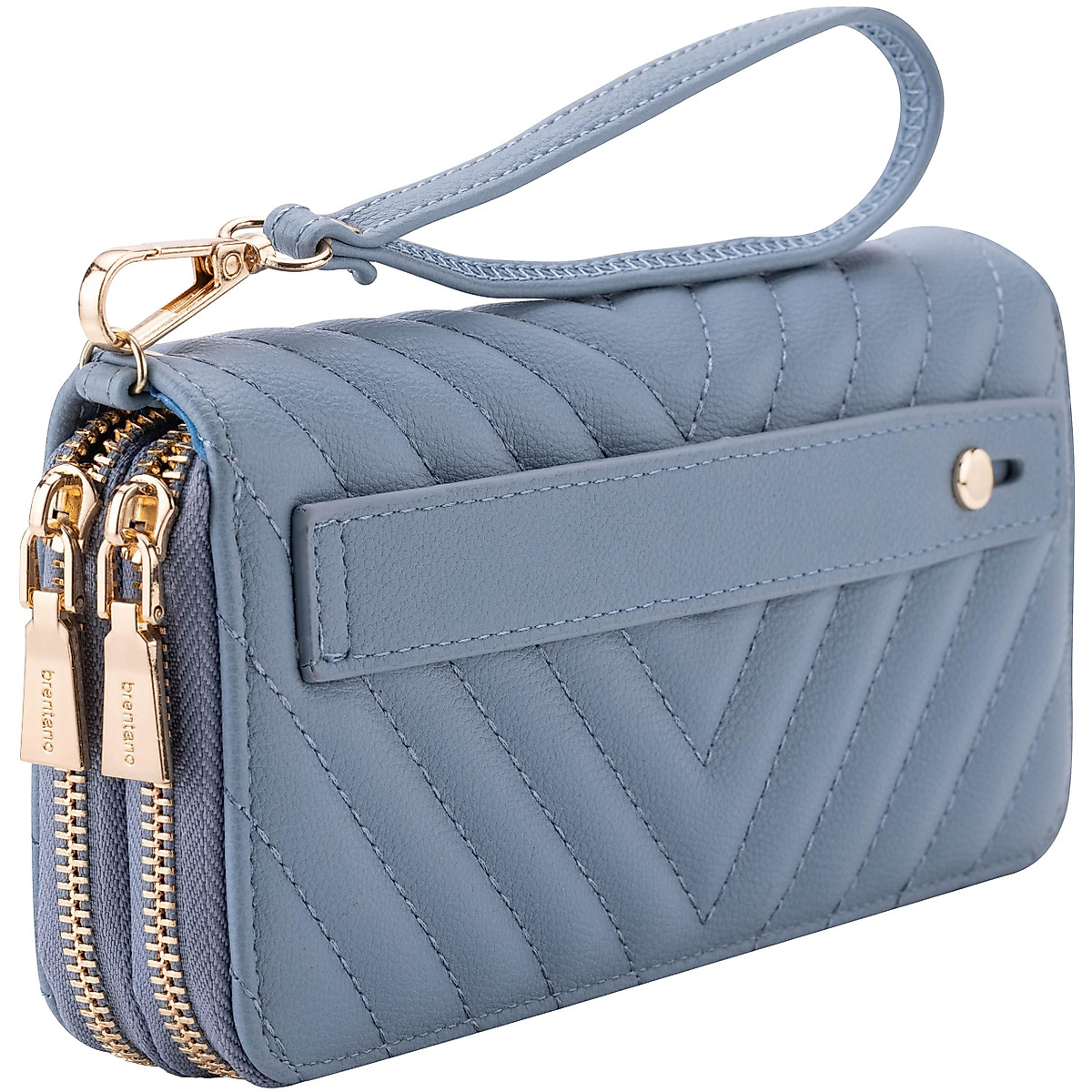 B BRENTANO Vegan Leather Double Zipper Pocket Wallet with Grip Hand Strap (Chevron Embroidered Blue)