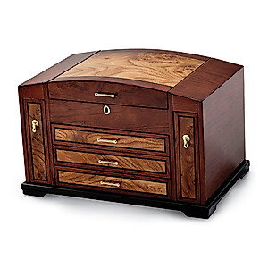 Bubinga Veneer Elm Burl Inlay 3 Drawer with Slide Pendant Charm-Out Sides Jewelry Box 15.5"