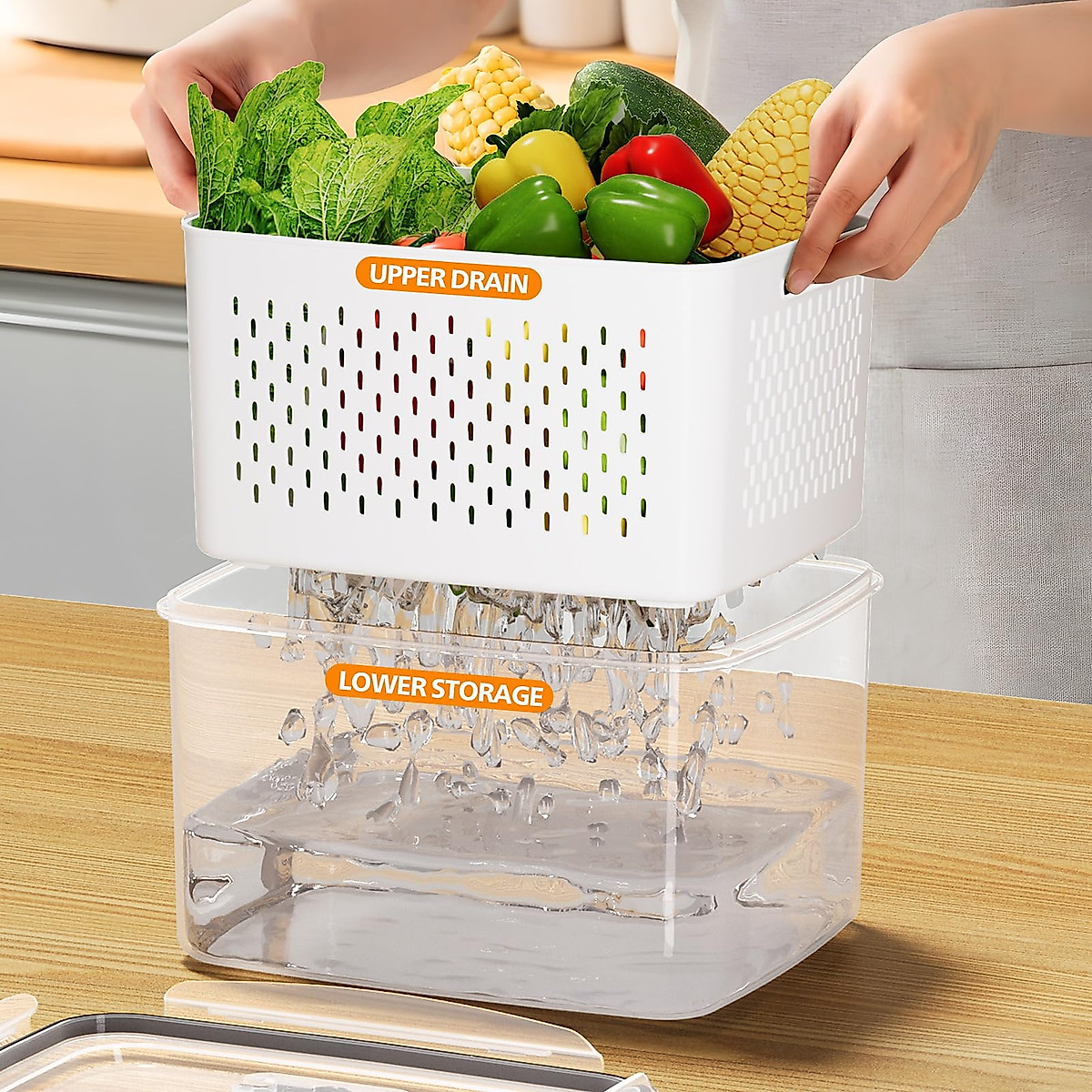 JSCARES 4-Pack Fruit-Storage-Containers for Fridge with Colander, Airtight Food Storage Containers with Lids & Handle, Produce Storage Bins Set for Refrigerator for Salad Berry Lettuce Vegetables Meat