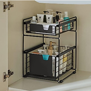 DCIGNA Stackable 2-Tie Under Sink Cabinets Organizer With Sliding Storage Drawer, Under Sink Organizer, Pull Out Cabinets Organizer Shelf, Sliding Basket Organizer Drawer For Kitchen, Bathroom, Office