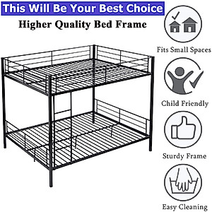 Aooppec Upgraded Version Stronger Metal Queen Size Bunk Bed, Industrial Style Queen Over Queen Bunk Bed Frame with Ladders & Guard Rails for Kids Girls Boys and Adults (Easy Assemble)