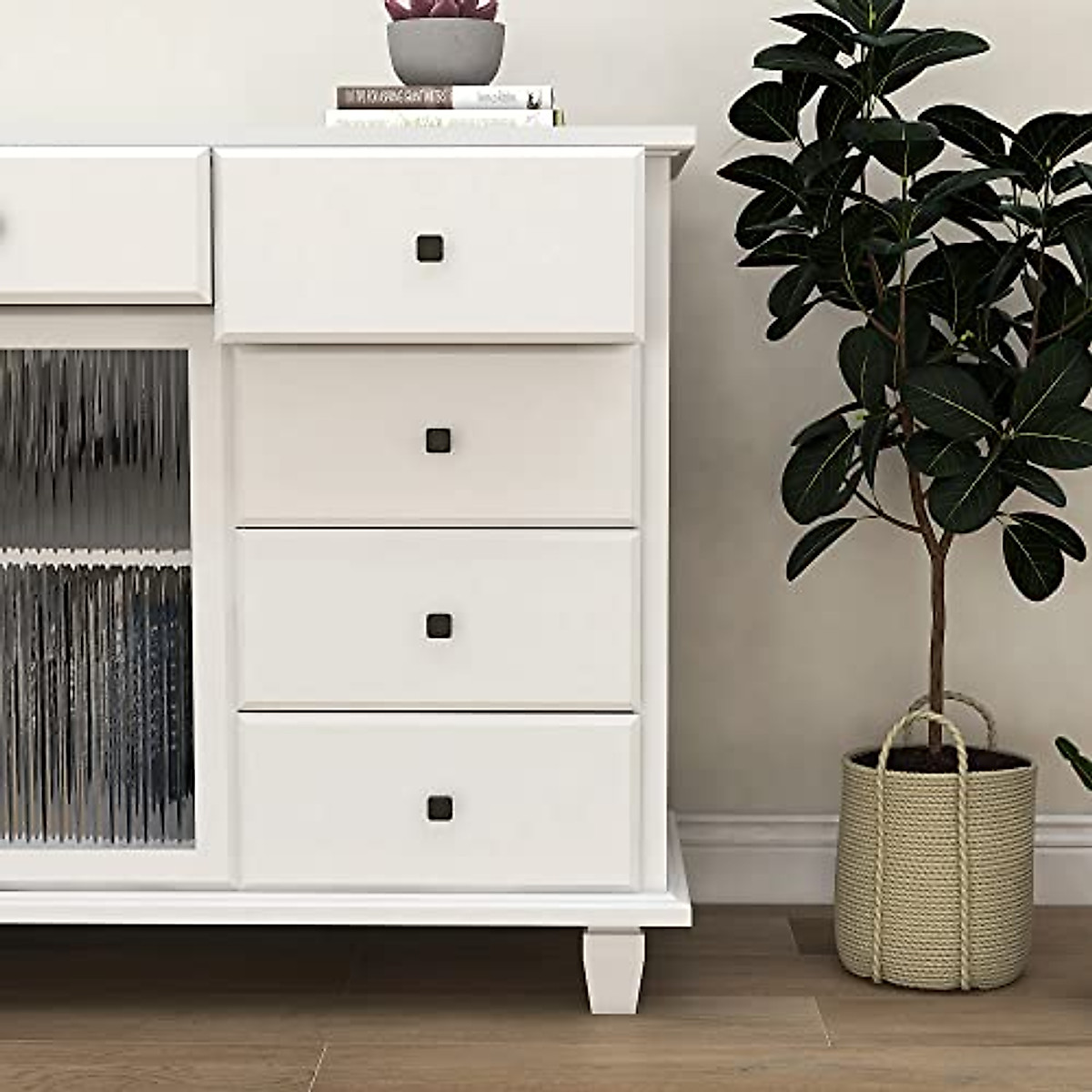 RASOO Buffet Cabinet White Modern Sideboard Cupboards with 2 Glass Doors Adjustable Shelf & 5 Drawers Farmhous Kitchen Storage Cabinet for Dining Living Room