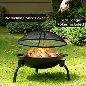 AMAGABELI GARDEN & HOME Fire Pit Outdoor Wood Burning Portable Folding 22in Firepit Firebowl Fireplace Poker Spark Screen Retardant Mesh Lid Deep Round Outside Backyard Camping Metal Grate ET286