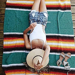 Open Road Goods Teal/Turquoise Diamond Mexican Yoga Blanket, Thick Serape with Red and Yellow Sunset Stripes - Handmade