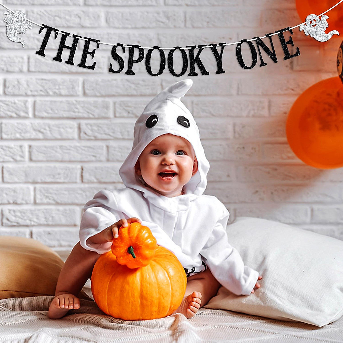 The Spooky One Banner, Halloween 1st Birthday Bunting Sign, Halloween Ghost Bat 1st Birthday/Baby Shower Party Decoration Supplies for Girl Boy, Black Glitter