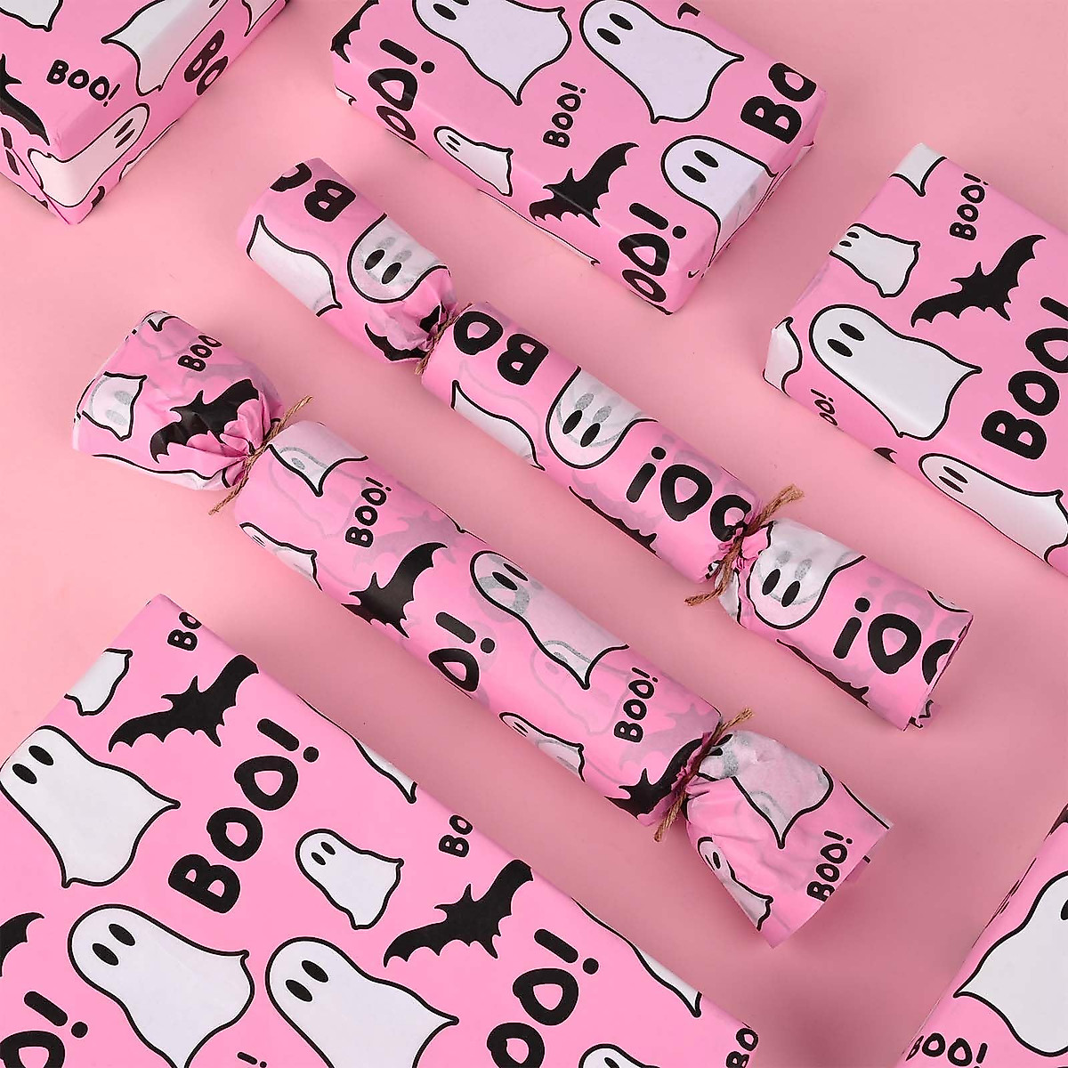 100 Sheets 20 * 14 Inches Pink Ghost and Boo Tissue Paper Halloween Bat Ghost Printed Tissue Paper for Birthday Party Baby Shower Halloween Party DIY Craft